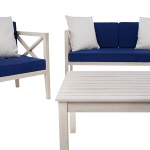 SAFAVIEH PAT7031A Collection Nunzio Teak and White and Navy 4 Pc Accent Pillows Outdoor Set