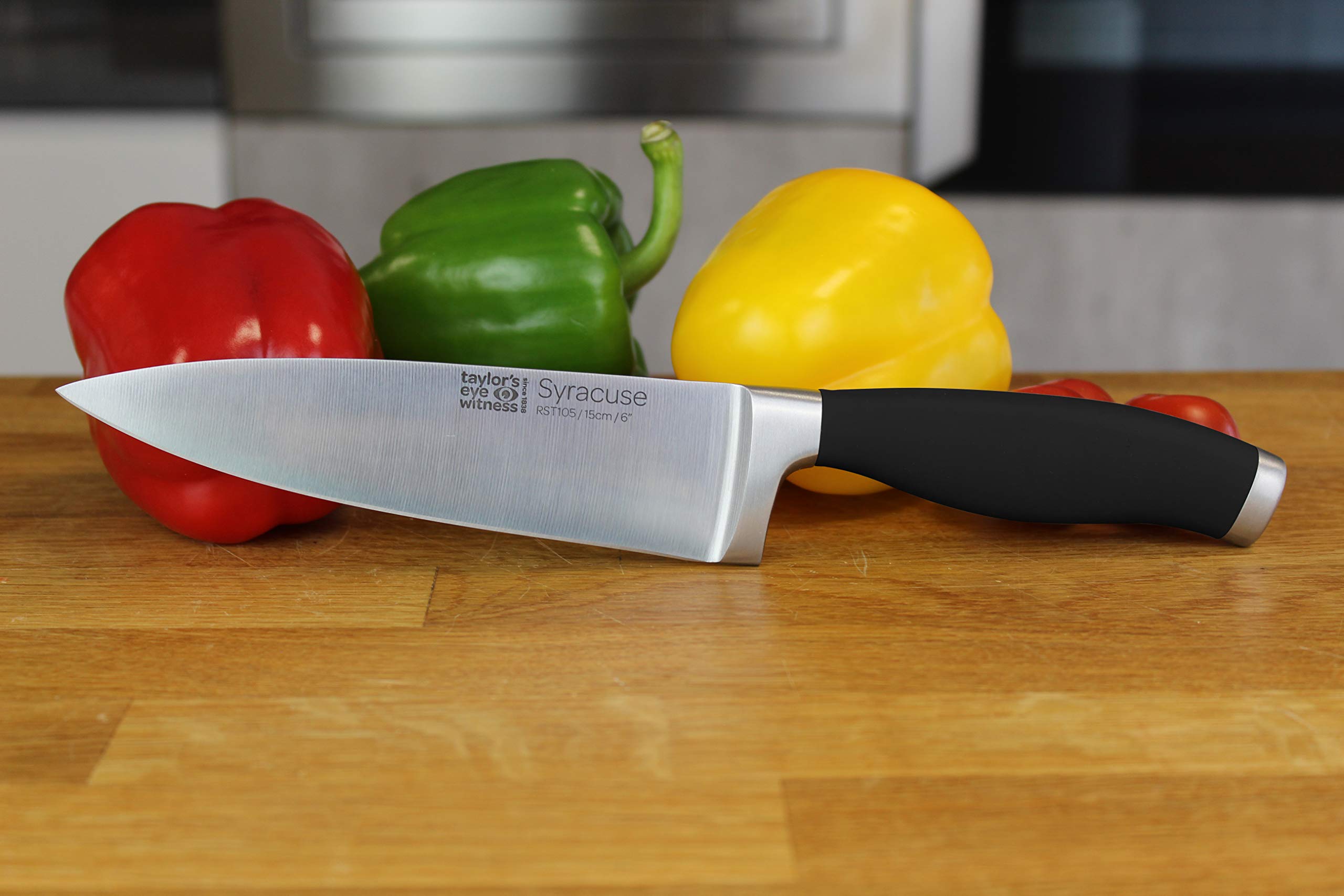 Taylors Eye Witness Syracuse Chefs/Cooks Kitchen Knife - Professional 15cm/6 Inch Cutting Edge, Multi Use. Precision Ground, Razor Sharp, Ultra Fine Blade. Soft Textured Grip Matte Black Handle.