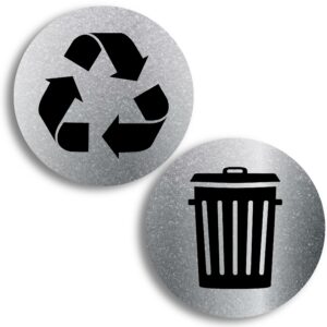 recycle and trash logo stickers 4 pack - 4in circle - for metal or plastic garbage cans, and bins - indoor & outdoor - laminated and uv protected premium decal (silver, small)