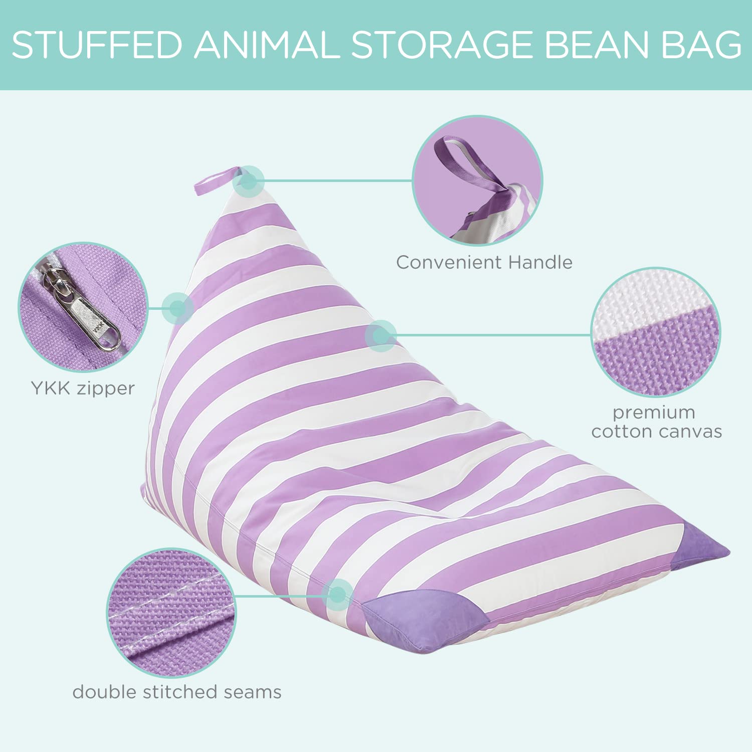 Aubliss Stuffed Animal Storage Bean Bag Chairs Cover, 50"x 35" Extra Large Bean Bags Chair for Kids & Adults, Beanbag Toy Storage for Boys Girls - Premium Cotton Canvas Purple Stripe