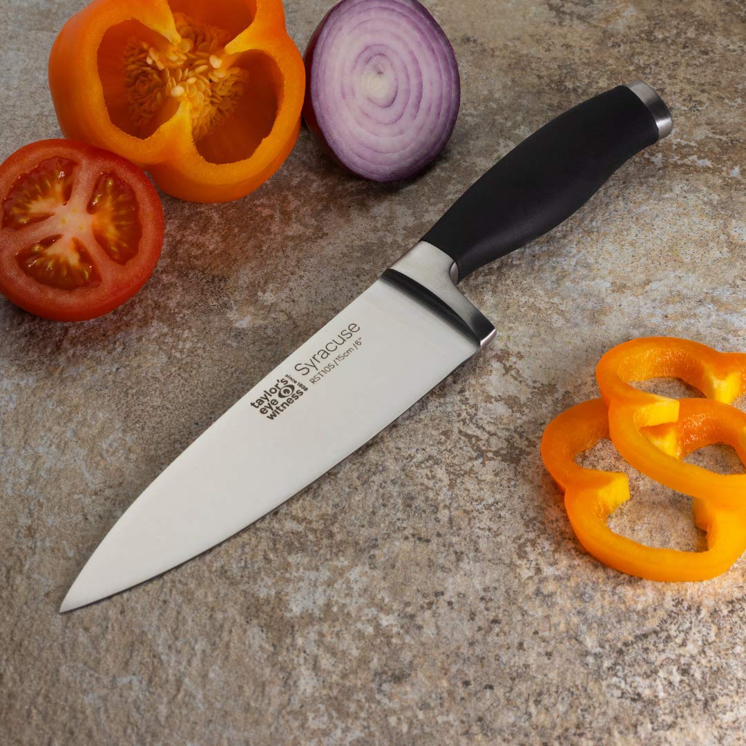 Taylors Eye Witness Syracuse Chefs/Cooks Kitchen Knife - Professional 15cm/6 Inch Cutting Edge, Multi Use. Precision Ground, Razor Sharp, Ultra Fine Blade. Soft Textured Grip Matte Black Handle.