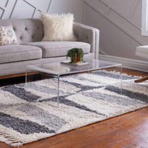 Unique Loom Hygge Shag Collection Modern Moroccan Inspired, Geometric Design, Plush & Cozy Area Rug, Rectangular 9' 0" x 12' 0", Gray/Ivory