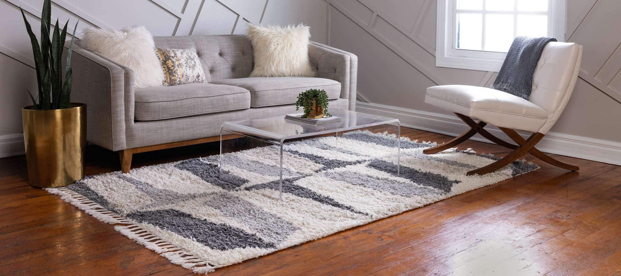 Unique Loom Hygge Shag Collection Modern Moroccan Inspired, Geometric Design, Plush & Cozy Area Rug, Rectangular 9' 0" x 12' 0", Gray/Ivory