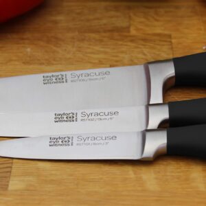 Taylors Eye Witness Syracuse Kitchen Knife 3pce Set - Paring 9cm/3.5”, Chefs 15cm/6” & Cooks All Purpose 13cm/5” Cutting Edge. Ultra Fine, Razor Sharp Blade. Soft Textured Grip Matte Black Handle.