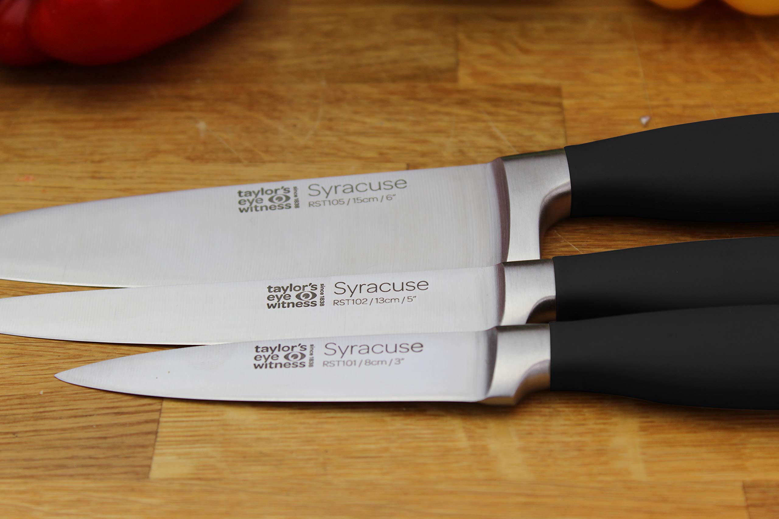 Taylors Eye Witness Syracuse Kitchen Knife 3pce Set - Paring 9cm/3.5”, Chefs 15cm/6” & Cooks All Purpose 13cm/5” Cutting Edge. Ultra Fine, Razor Sharp Blade. Soft Textured Grip Matte Black Handle.