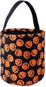 jolly jon halloween trick or treat bags - kids candy bucket tote bag - pumpkin design on black basket - 9.5 x 9 inches