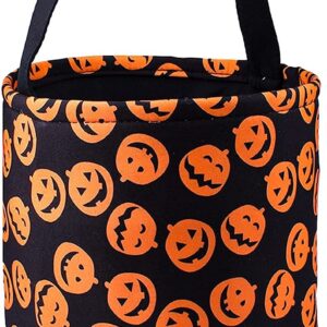 Jolly Jon Halloween Trick or Treat Bags - Kids Candy Bucket Tote Bag - Pumpkin Design on Black Basket - 9.5 x 9 inches