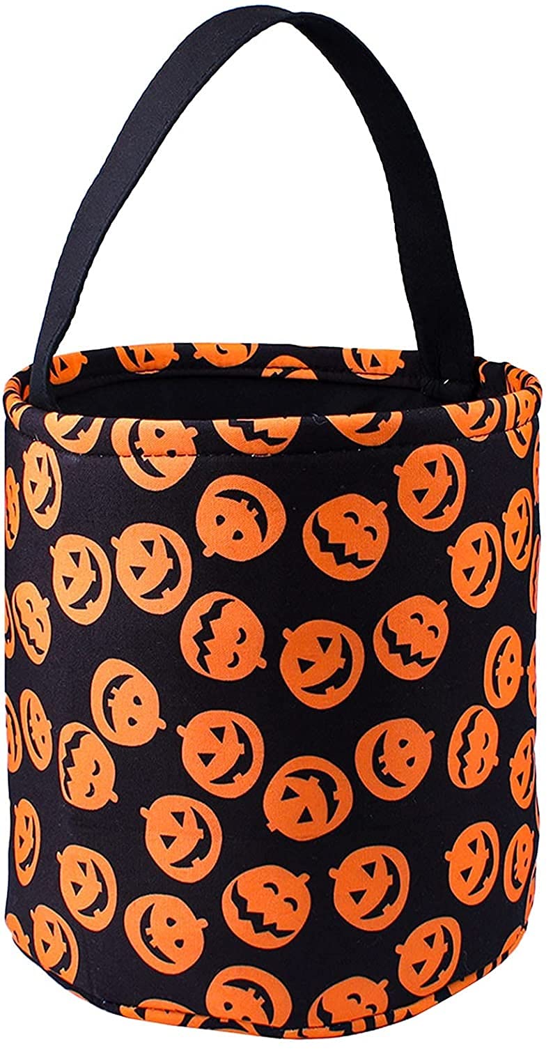 Jolly Jon Halloween Trick or Treat Bags - Kids Candy Bucket Tote Bag - Pumpkin Design on Black Basket - 9.5 x 9 inches