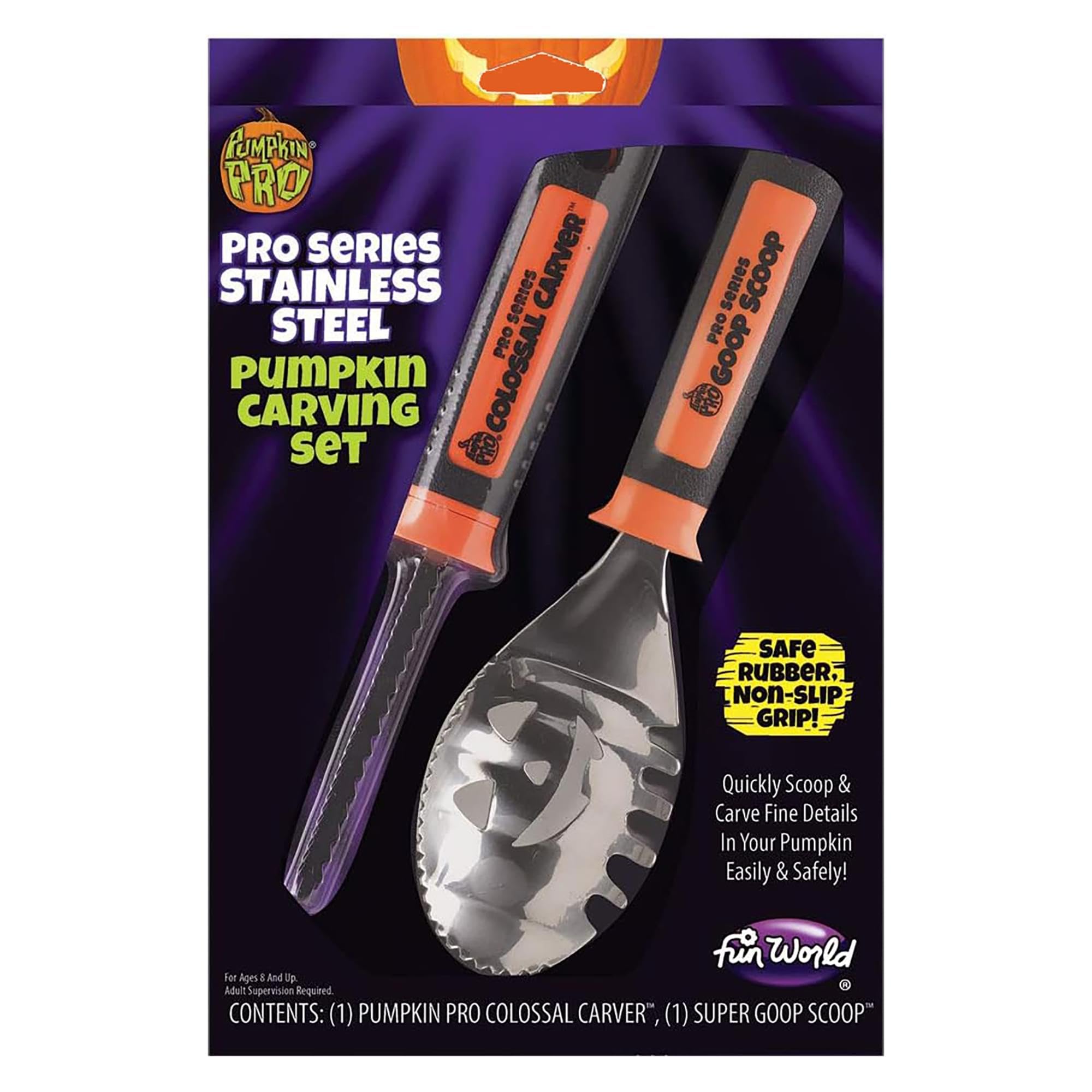 Fun World 94809 Pumpkin Pro Series Stainless Steel Halloween Pumpkin Carving Tools Set with Safe Rubber No-Slip Grip Handles; Includes 10” Super Goop Scoop & Colossal Carver