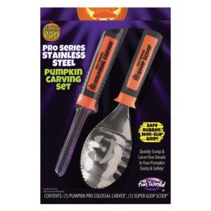 fun world 94809 pumpkin pro series stainless steel halloween pumpkin carving tools set with safe rubber no-slip grip handles; includes 10” super goop scoop & colossal carver