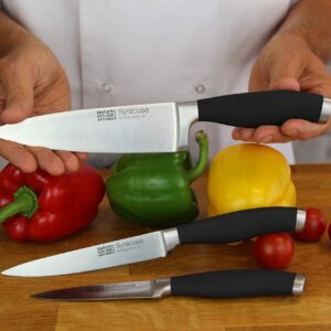 Taylors Eye Witness Syracuse Kitchen Knife 3pce Set - Paring 9cm/3.5”, Chefs 15cm/6” & Cooks All Purpose 13cm/5” Cutting Edge. Ultra Fine, Razor Sharp Blade. Soft Textured Grip Matte Black Handle.