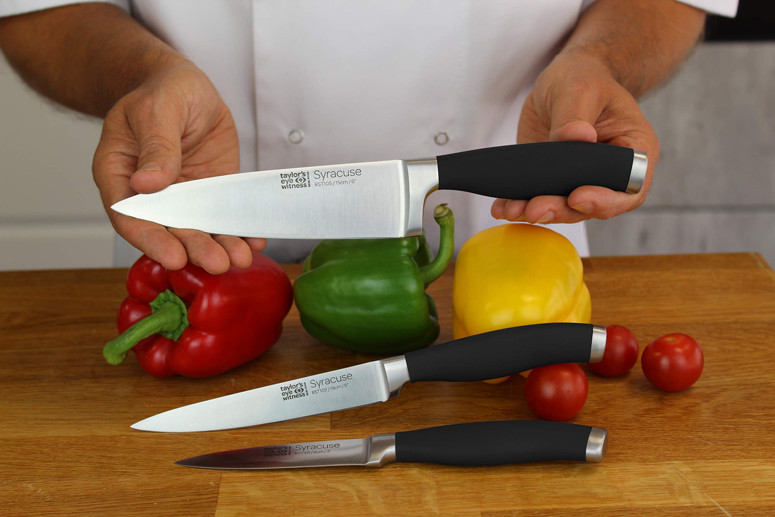 Taylors Eye Witness Syracuse Kitchen Knife 3pce Set - Paring 9cm/3.5”, Chefs 15cm/6” & Cooks All Purpose 13cm/5” Cutting Edge. Ultra Fine, Razor Sharp Blade. Soft Textured Grip Matte Black Handle.