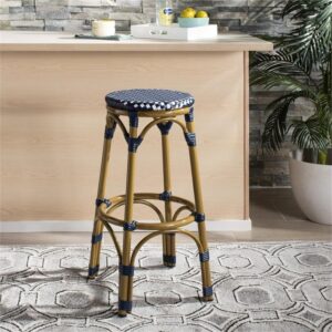 SAFAVIEH Outdoor Collection Kipnuk Navy and White and Light Brown Indoor/Outdoor Stacking Bar Stool