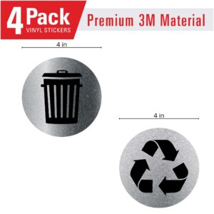 Recycle and Trash Logo Stickers 4 Pack - 4in Circle - for Metal or Plastic Garbage cans, and Bins - Indoor & Outdoor - Laminated and UV Protected Premium Decal (Silver, Small)