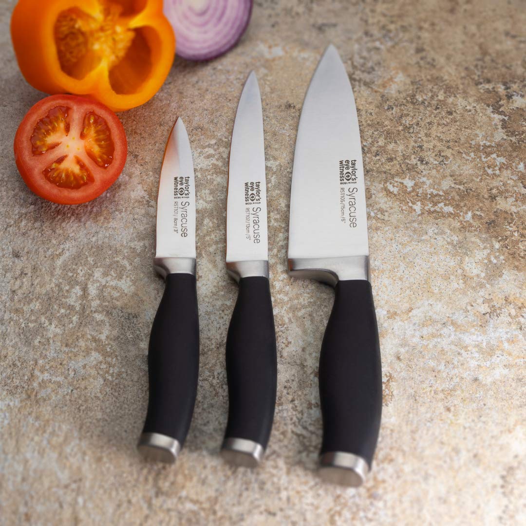 Taylors Eye Witness Syracuse Kitchen Knife 3pce Set - Paring 9cm/3.5”, Chefs 15cm/6” & Cooks All Purpose 13cm/5” Cutting Edge. Ultra Fine, Razor Sharp Blade. Soft Textured Grip Matte Black Handle.