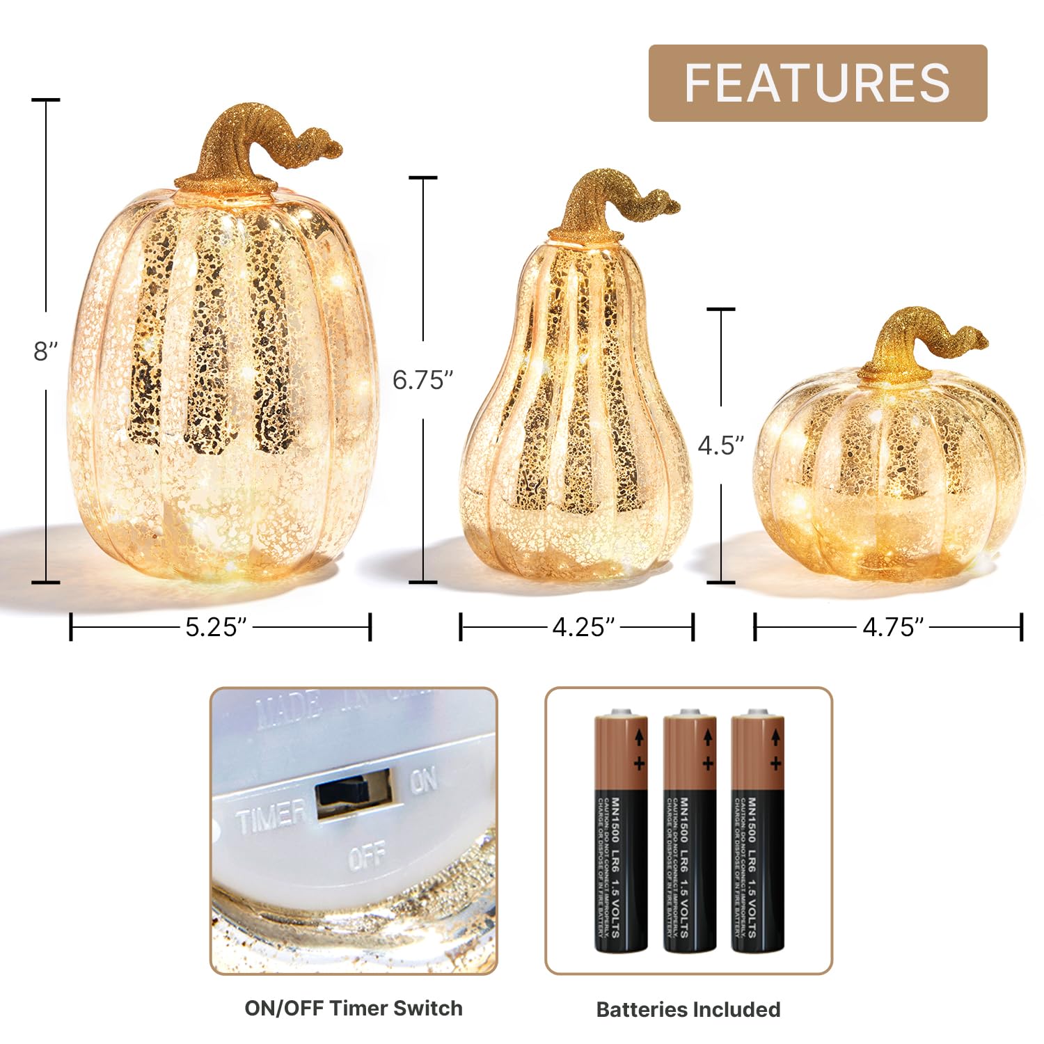 LampLust Gold Glass Pumpkin with Lights - Set of 3, Mercury Glass Style, Batteries Included, Thanksgiving Harvest Decorations, Timer, LED Lighted Gold Pumpkins for Decorating Fall Decor