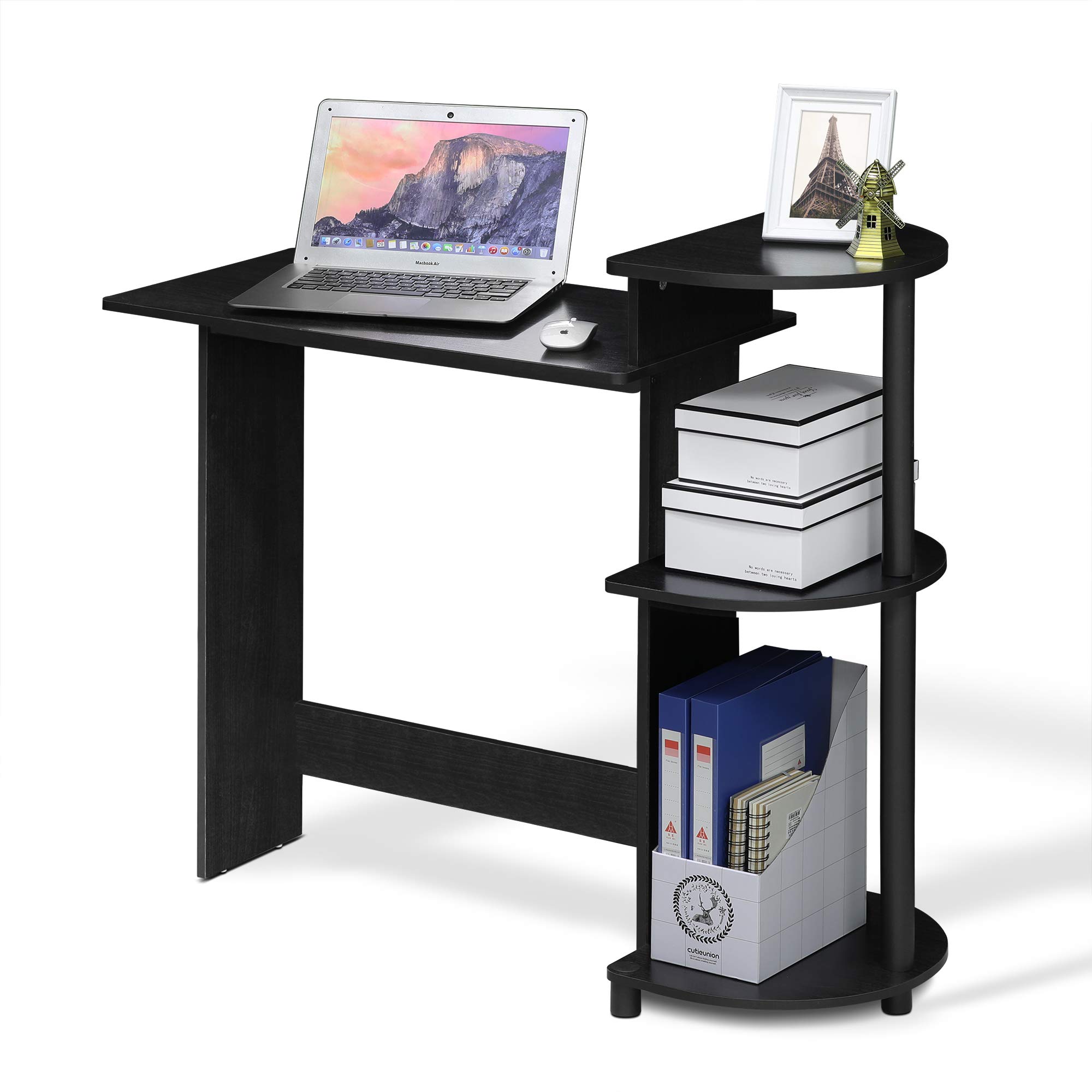 Furinno Compact Computer Desk with Shelves, Round Side, Americano/Black