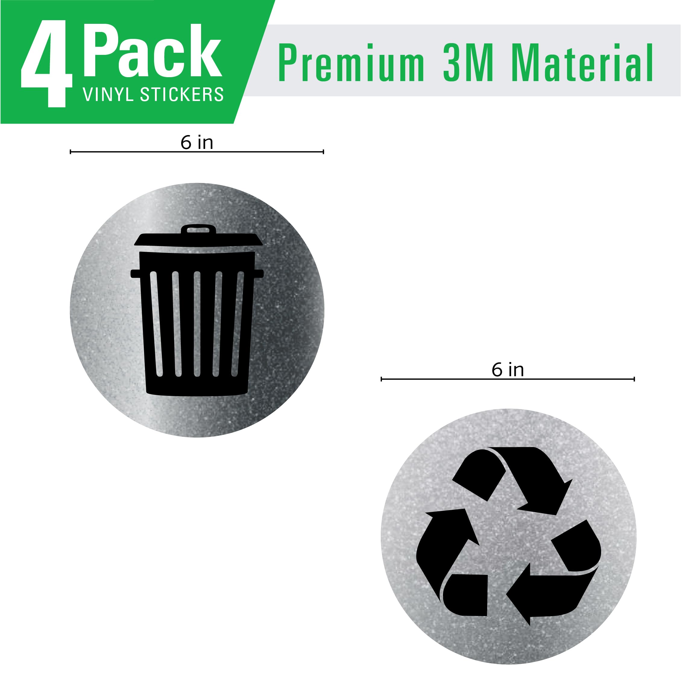 Recycle and Trash Logo Stickers 4 Pack - 6in Circle - for Metal or Plastic Garbage cans, and Bins - Indoor & Outdoor - Laminated and UV Protected Premium Decal (Silver, Medium)