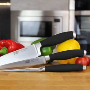 Taylors Eye Witness Syracuse Kitchen Knife 3pce Set - Paring 9cm/3.5”, Chefs 15cm/6” & Cooks All Purpose 13cm/5” Cutting Edge. Ultra Fine, Razor Sharp Blade. Soft Textured Grip Matte Black Handle.