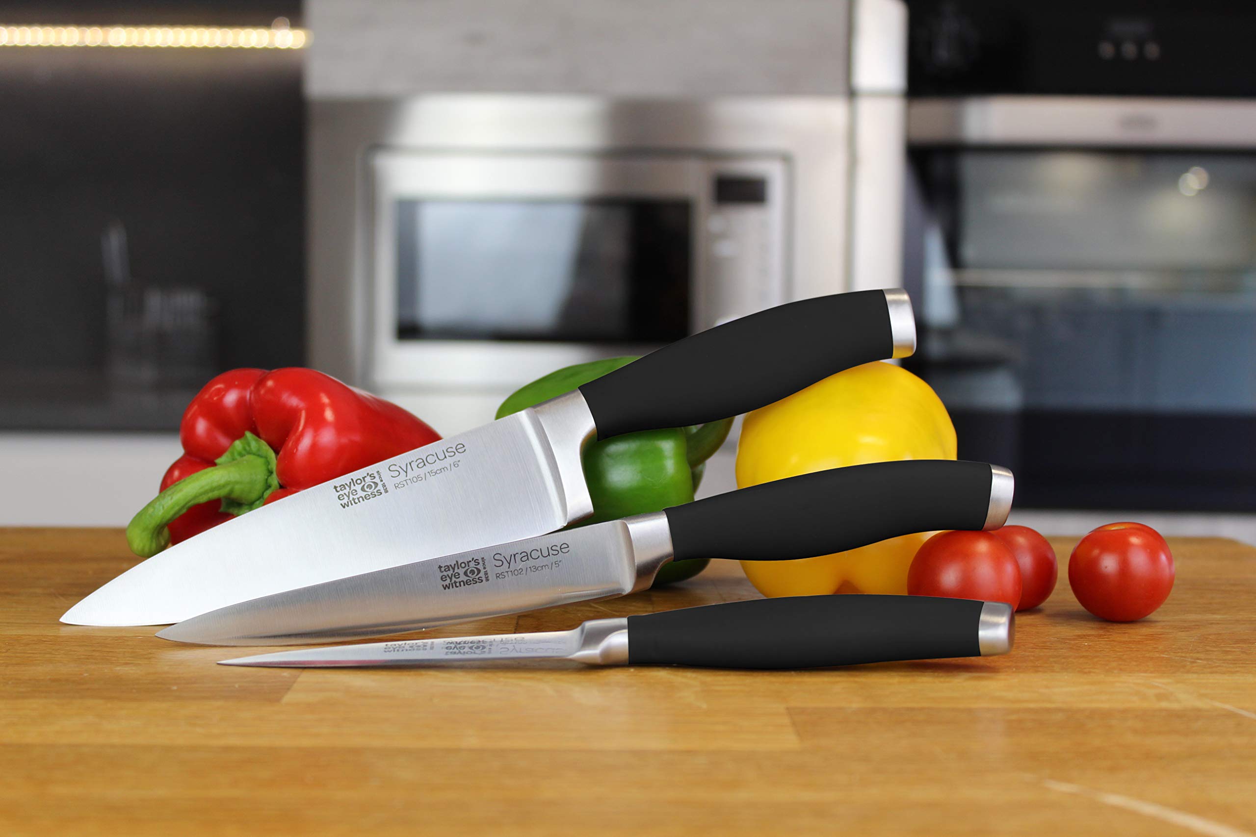 Taylors Eye Witness Syracuse Kitchen Knife 3pce Set - Paring 9cm/3.5”, Chefs 15cm/6” & Cooks All Purpose 13cm/5” Cutting Edge. Ultra Fine, Razor Sharp Blade. Soft Textured Grip Matte Black Handle.