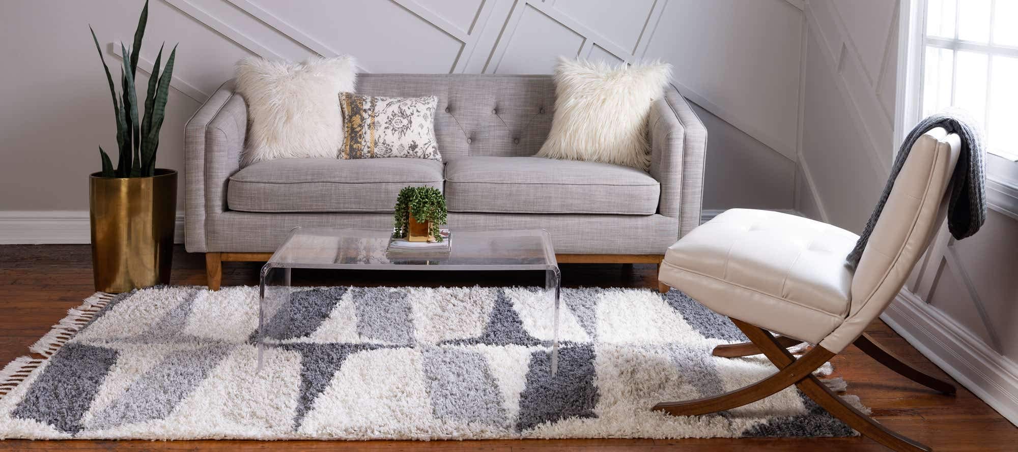 Unique Loom Hygge Shag Collection Modern Moroccan Inspired, Geometric Design, Plush & Cozy Area Rug, Rectangular 9' 0" x 12' 0", Gray/Ivory