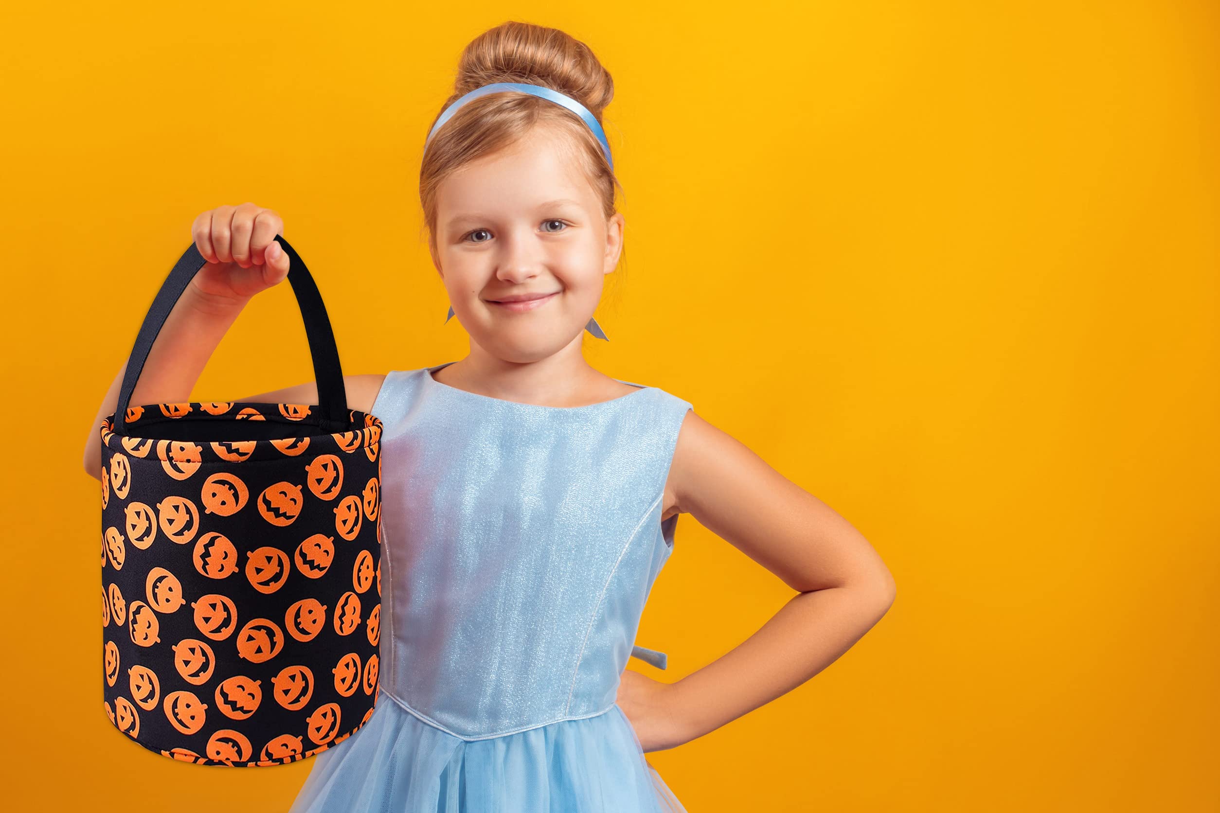 Jolly Jon Halloween Trick or Treat Bags - Kids Candy Bucket Tote Bag - Pumpkin Design on Black Basket - 9.5 x 9 inches