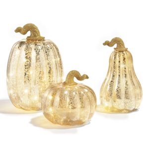 lamplust gold glass pumpkin with lights - set of 3, mercury glass style, batteries included, thanksgiving harvest decorations, timer, led lighted gold pumpkins for decorating fall decor