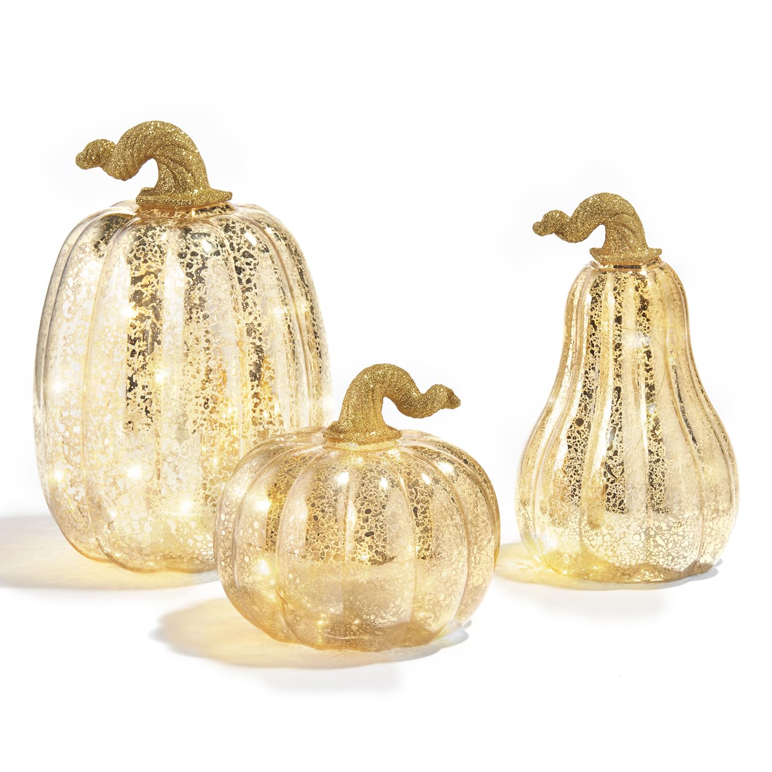 LampLust Gold Glass Pumpkin with Lights - Set of 3, Mercury Glass Style, Batteries Included, Thanksgiving Harvest Decorations, Timer, LED Lighted Gold Pumpkins for Decorating Fall Decor