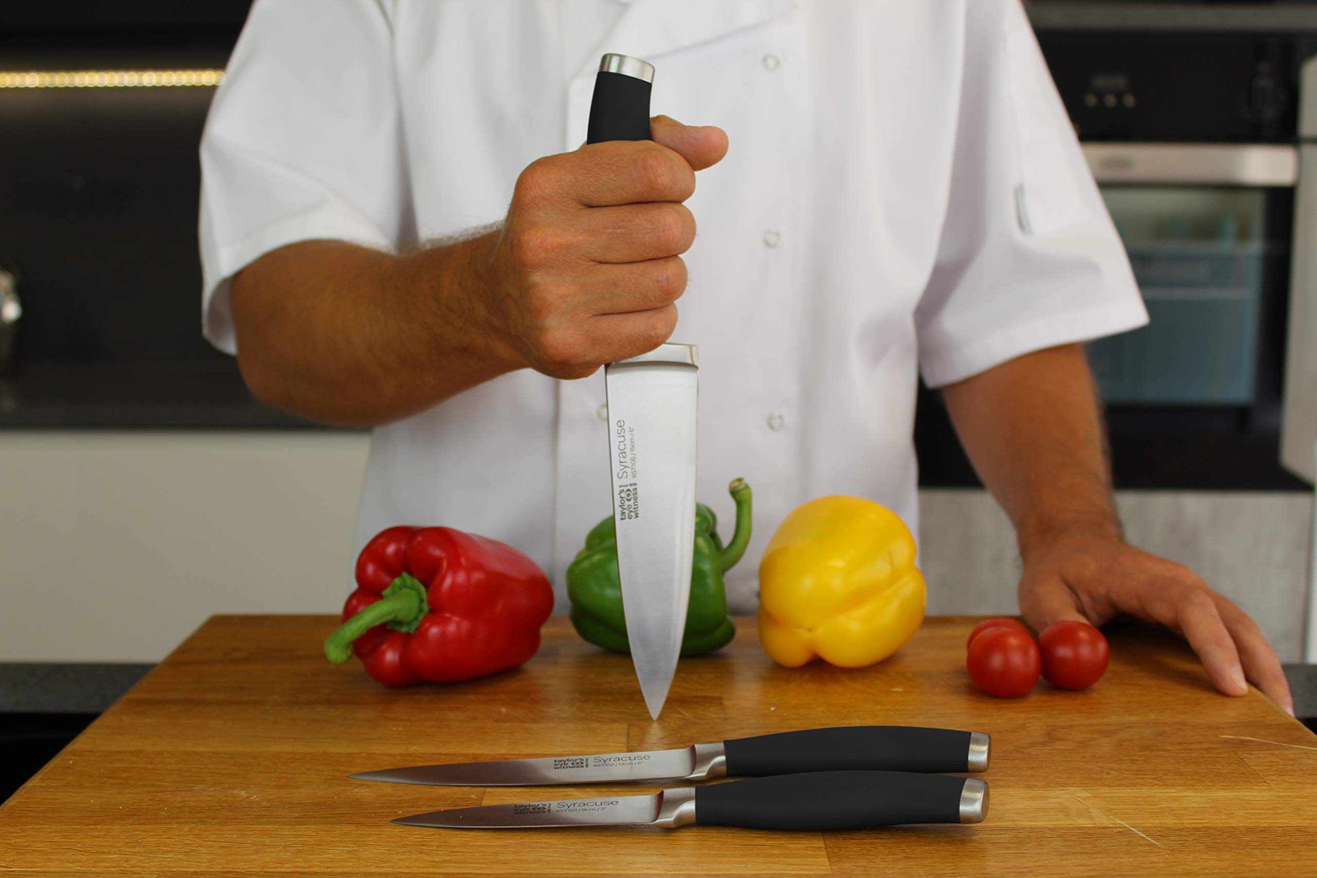 Taylors Eye Witness Syracuse Kitchen Knife 3pce Set - Paring 9cm/3.5”, Chefs 15cm/6” & Cooks All Purpose 13cm/5” Cutting Edge. Ultra Fine, Razor Sharp Blade. Soft Textured Grip Matte Black Handle.