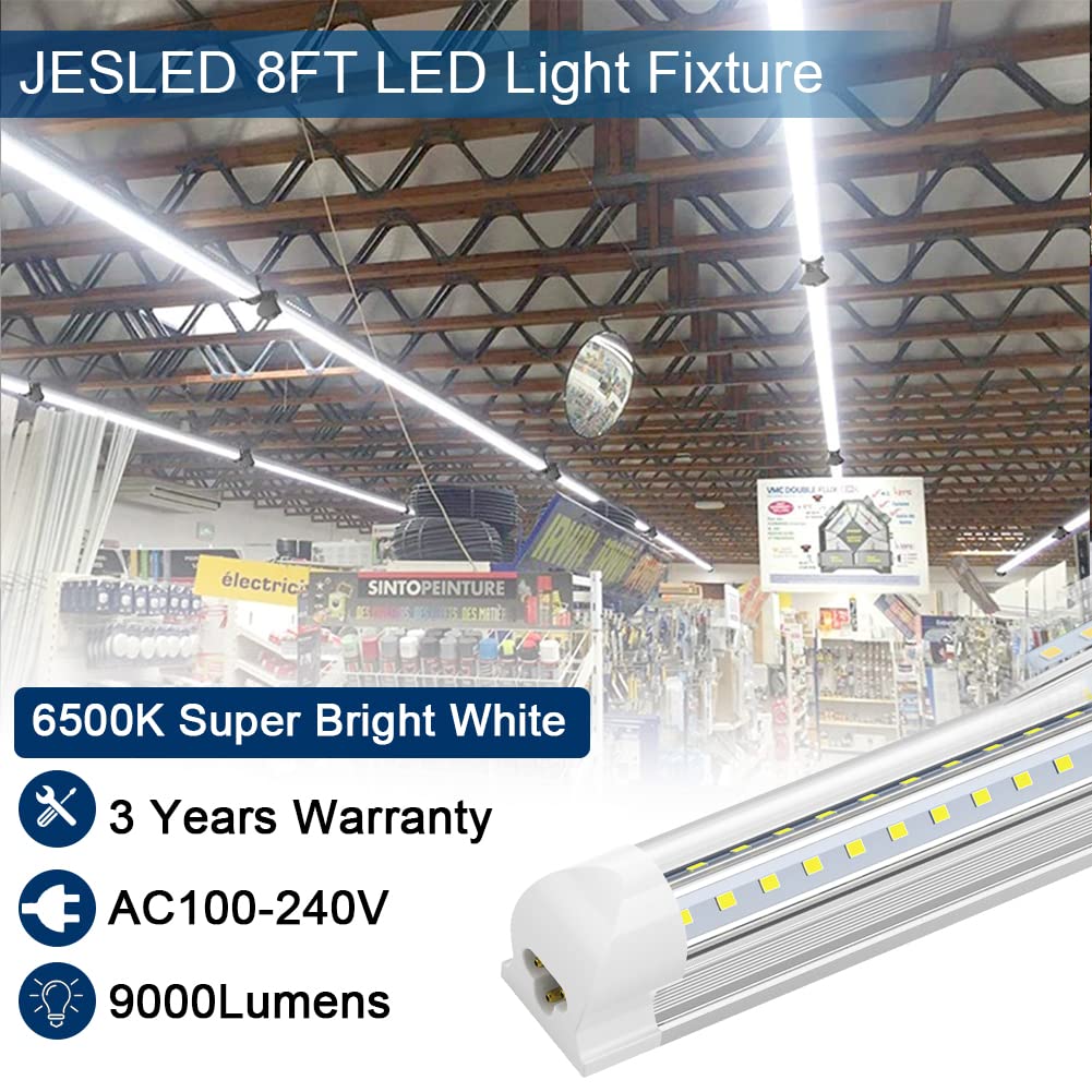 JESLED LED Shop Light 8FT, 72W 6500K Cool White, 9000LM High Output, V Shape, T8 Linkable 8 Foot LED Tube Lights for Garage, Warehouse, Plug and Play, Clear Cover (6-Pack)