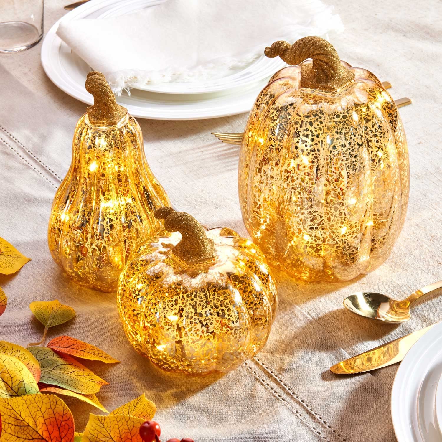 LampLust Gold Glass Pumpkin with Lights - Set of 3, Mercury Glass Style, Batteries Included, Thanksgiving Harvest Decorations, Timer, LED Lighted Gold Pumpkins for Decorating Fall Decor