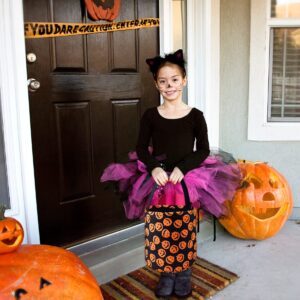 Jolly Jon Halloween Trick or Treat Bags - Kids Candy Bucket Tote Bag - Pumpkin Design on Black Basket - 9.5 x 9 inches