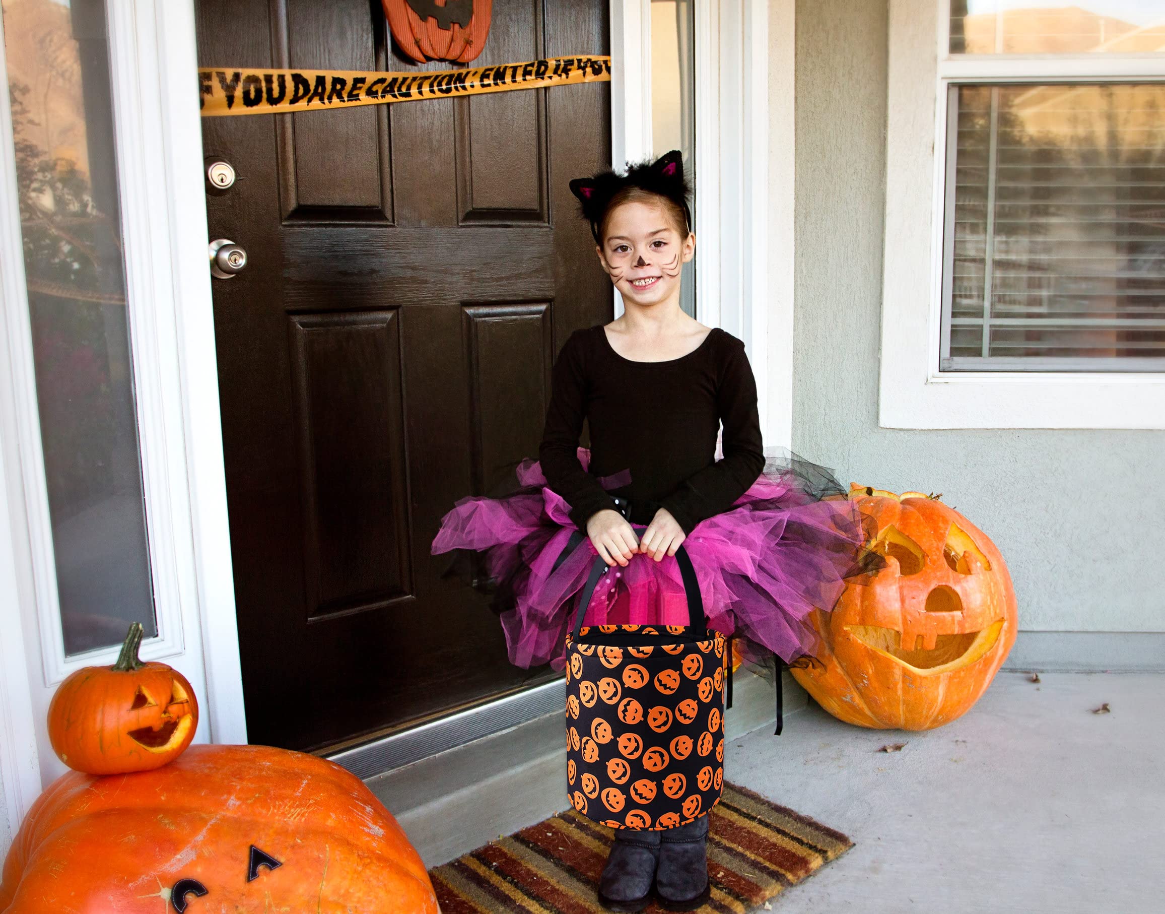 Jolly Jon Halloween Trick or Treat Bags - Kids Candy Bucket Tote Bag - Pumpkin Design on Black Basket - 9.5 x 9 inches