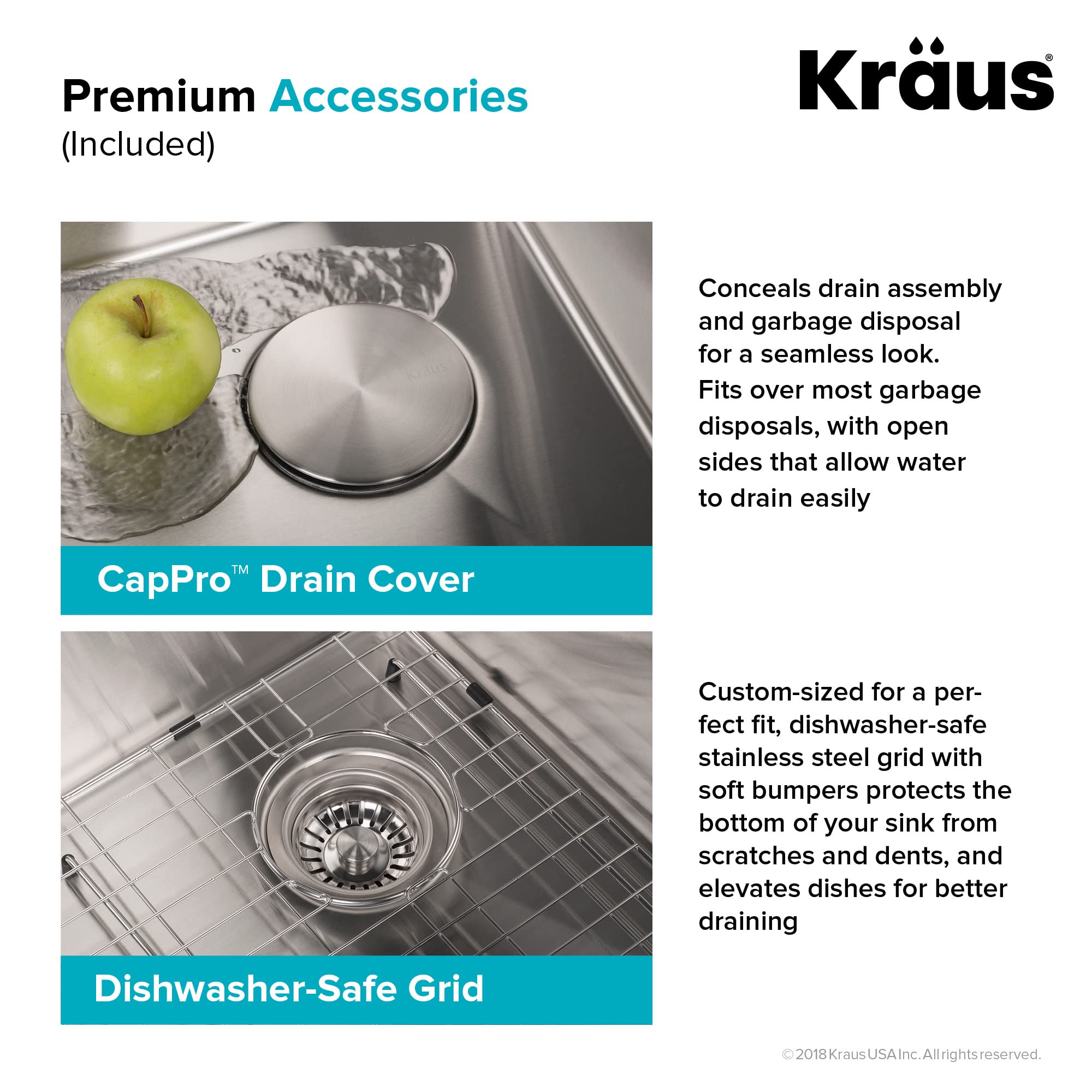 KRAUS 18 x 18 inch Standart PRO™ Drop-In Top Mount 16 Gauge Single Bowl 1-Hole Stainless Steel Kitchen Sink Set (5 Item Bundle: Sink, Bottom Grid, Drain Assembly, Drain Cap, Kitchen Towel), KHT301-18