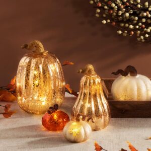 LampLust Gold Glass Pumpkin with Lights - Set of 3, Mercury Glass Style, Batteries Included, Thanksgiving Harvest Decorations, Timer, LED Lighted Gold Pumpkins for Decorating Fall Decor