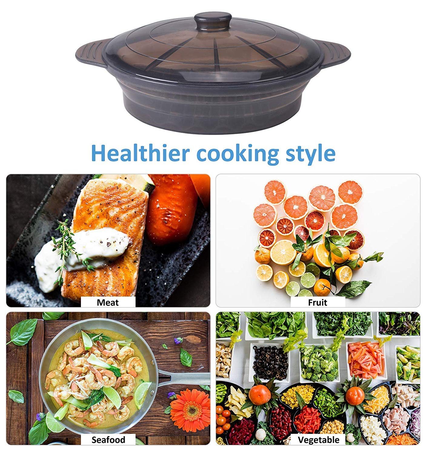 Microwave Steamer Cooker Collapsible Bowl-Silicone Steamer Cookware with Handle Lid for Vegetables Fish Prep Meal Food with Removable Rack BPA Free, Easy to Store, Freezer & Dishwasher Safe, Large