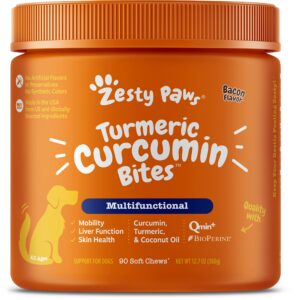 zesty paws turmeric curcumin for dogs - for hip & joint mobility supports canine digestive cardiovascular & liver health - coconut oil for skin health with 95% curcuminoids + bioperine bacon, 90 count