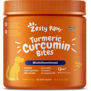 Zesty Paws Turmeric Curcumin for Dogs - for Hip & Joint Mobility Supports Canine Digestive Cardiovascular & Liver Health - Coconut Oil for Skin Health with 95% Curcuminoids + BioPerine Bacon, 90 Count