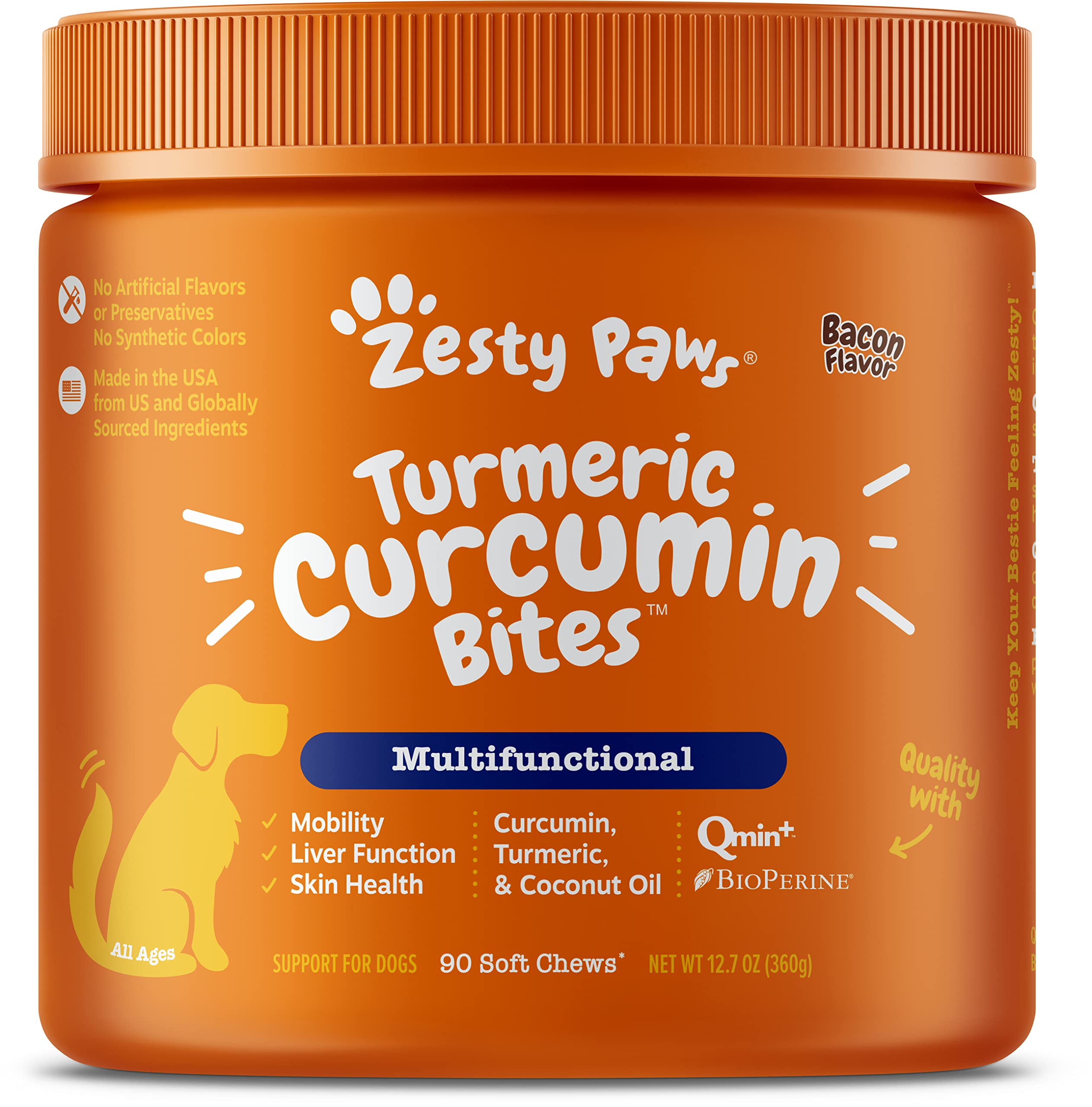 Zesty Paws Turmeric Curcumin for Dogs - for Hip & Joint Mobility Supports Canine Digestive Cardiovascular & Liver Health - Coconut Oil for Skin Health with 95% Curcuminoids + BioPerine Bacon, 90 Count