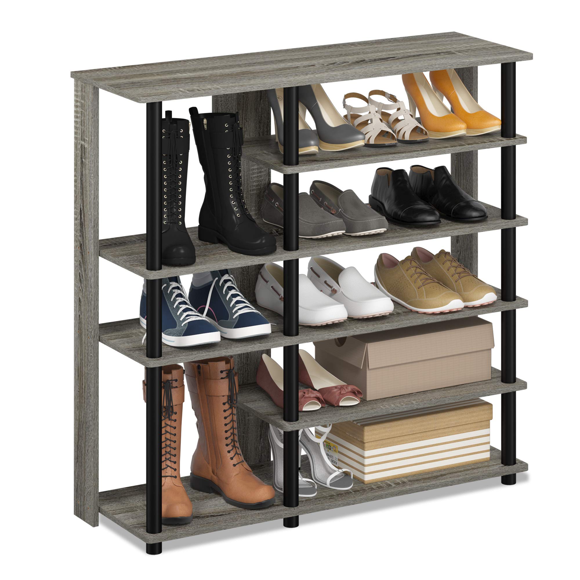 Furinno Turn-N-Tube Multi Storage Shoe Rack, 35.2"W 6-Tier, French Oak Grey/Black