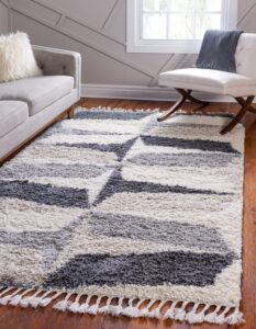 unique loom hygge shag collection modern moroccan inspired, geometric design, plush & cozy area rug, rectangular 9' 0" x 12' 0", gray/ivory