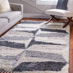 Unique Loom Hygge Shag Collection Modern Moroccan Inspired, Geometric Design, Plush & Cozy Area Rug, Rectangular 9' 0" x 12' 0", Gray/Ivory