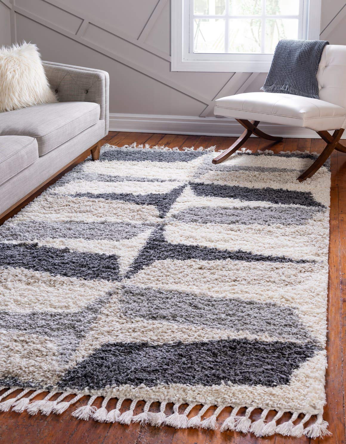 Unique Loom Hygge Shag Collection Modern Moroccan Inspired, Geometric Design, Plush & Cozy Area Rug, Rectangular 9' 0" x 12' 0", Gray/Ivory