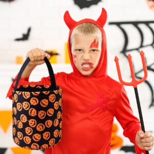 Jolly Jon Halloween Trick or Treat Bags - Kids Candy Bucket Tote Bag - Pumpkin Design on Black Basket - 9.5 x 9 inches