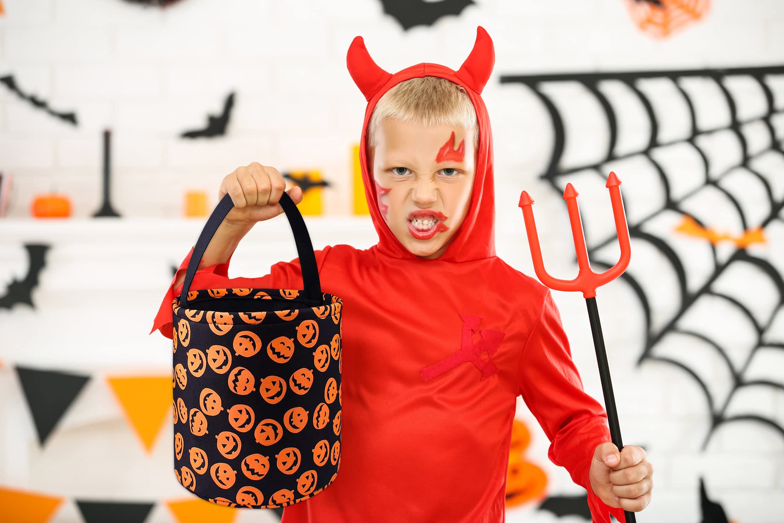 Jolly Jon Halloween Trick or Treat Bags - Kids Candy Bucket Tote Bag - Pumpkin Design on Black Basket - 9.5 x 9 inches