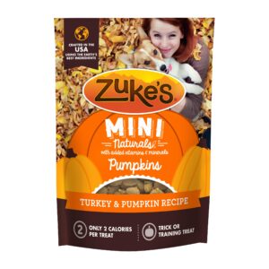 zukes mini naturals dog training treats for dogs, pet treats made with real turkey and pumpkin, 5 oz. resealable pouch - 5 oz. bag