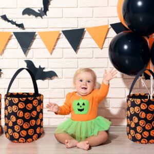 Jolly Jon Halloween Trick or Treat Bags - Kids Candy Bucket Tote Bag - Pumpkin Design on Black Basket - 9.5 x 9 inches