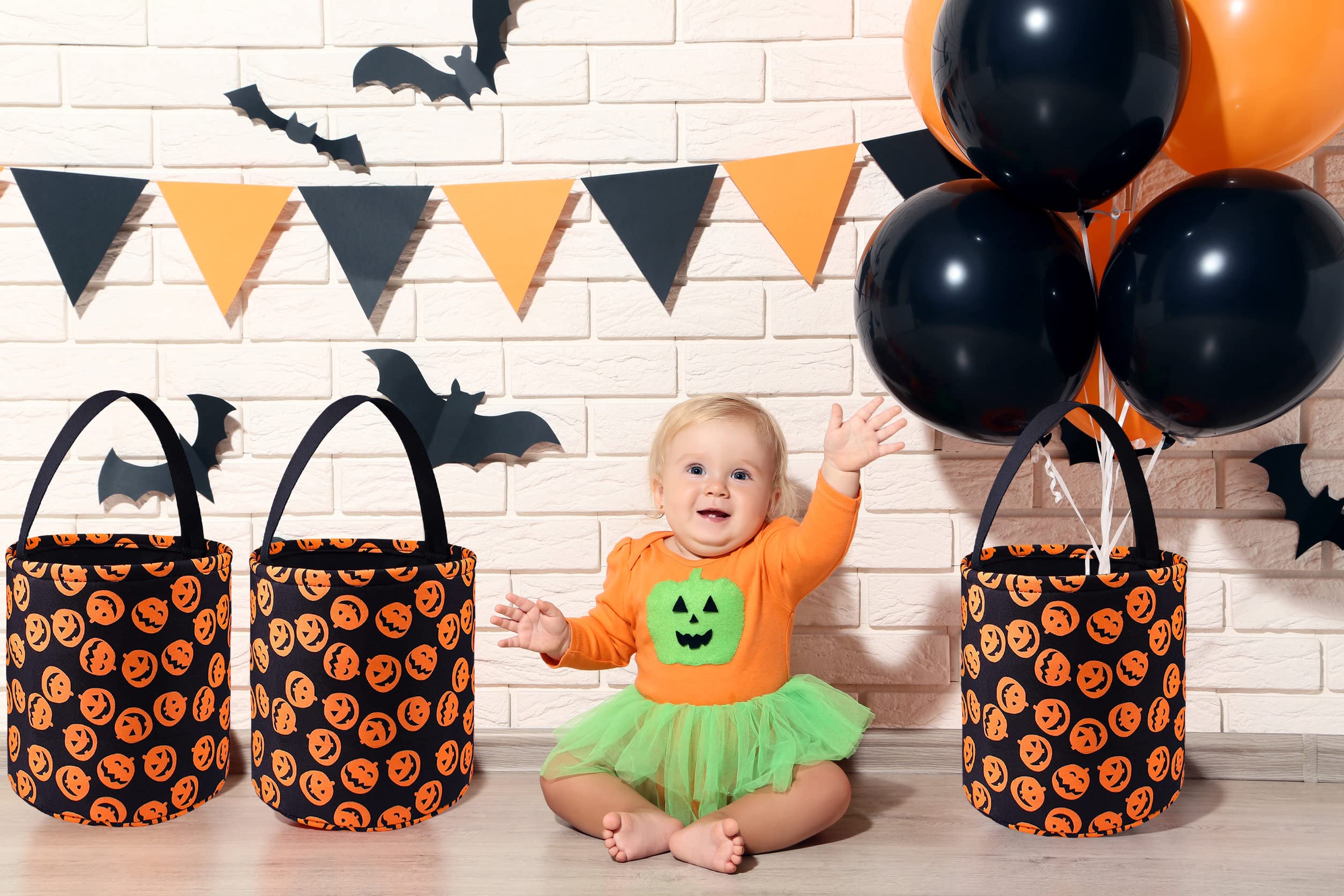 Jolly Jon Halloween Trick or Treat Bags - Kids Candy Bucket Tote Bag - Pumpkin Design on Black Basket - 9.5 x 9 inches