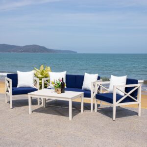 SAFAVIEH PAT7031A Collection Nunzio Teak and White and Navy 4 Pc Accent Pillows Outdoor Set