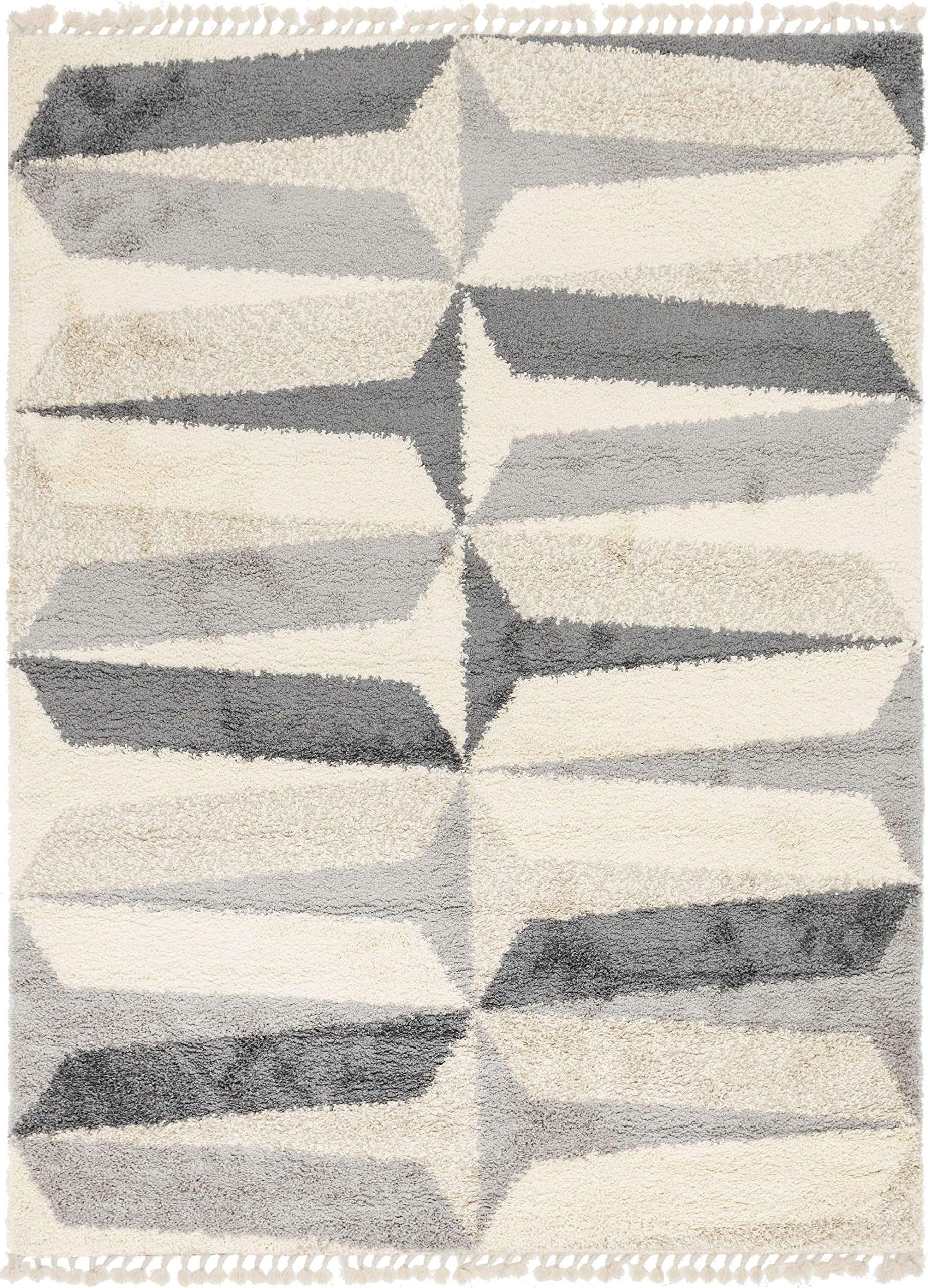 Unique Loom Hygge Shag Collection Modern Moroccan Inspired, Geometric Design, Plush & Cozy Area Rug, Rectangular 9' 0" x 12' 0", Gray/Ivory